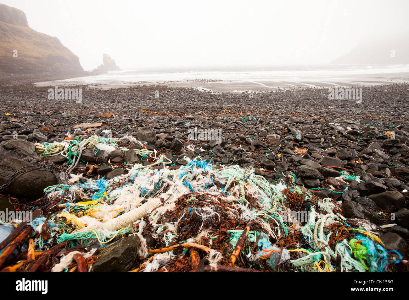 Plastic debris washed ashore at Talisker Bay on the Isle of Skye ...