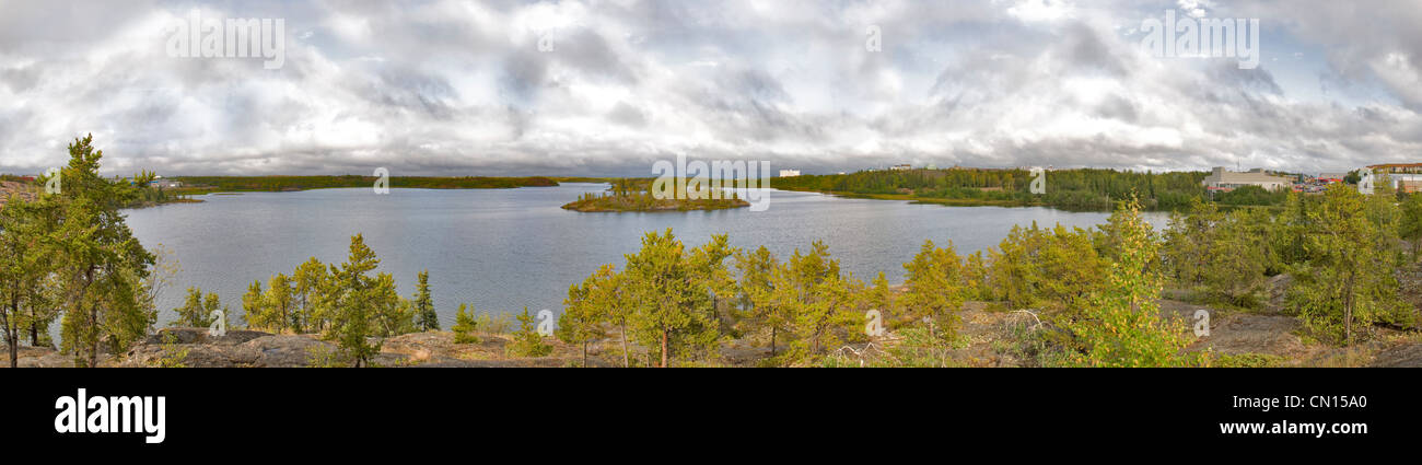 Panoramic of Great Slave Lake seen from a walking trail, Yellowknife ...