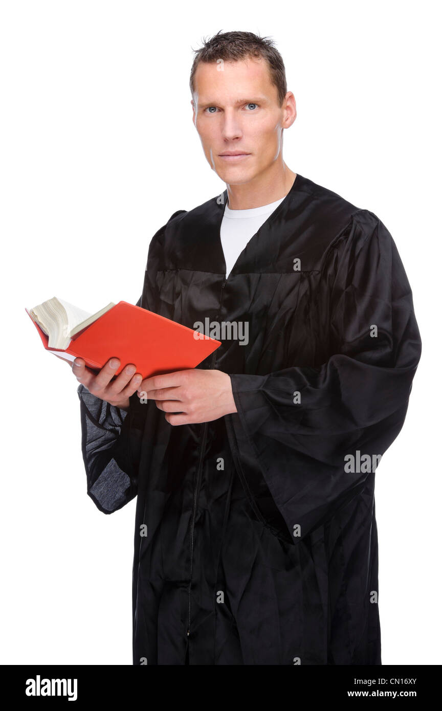 Full isolated studio picture from a young judge (lawyer) with statute ...