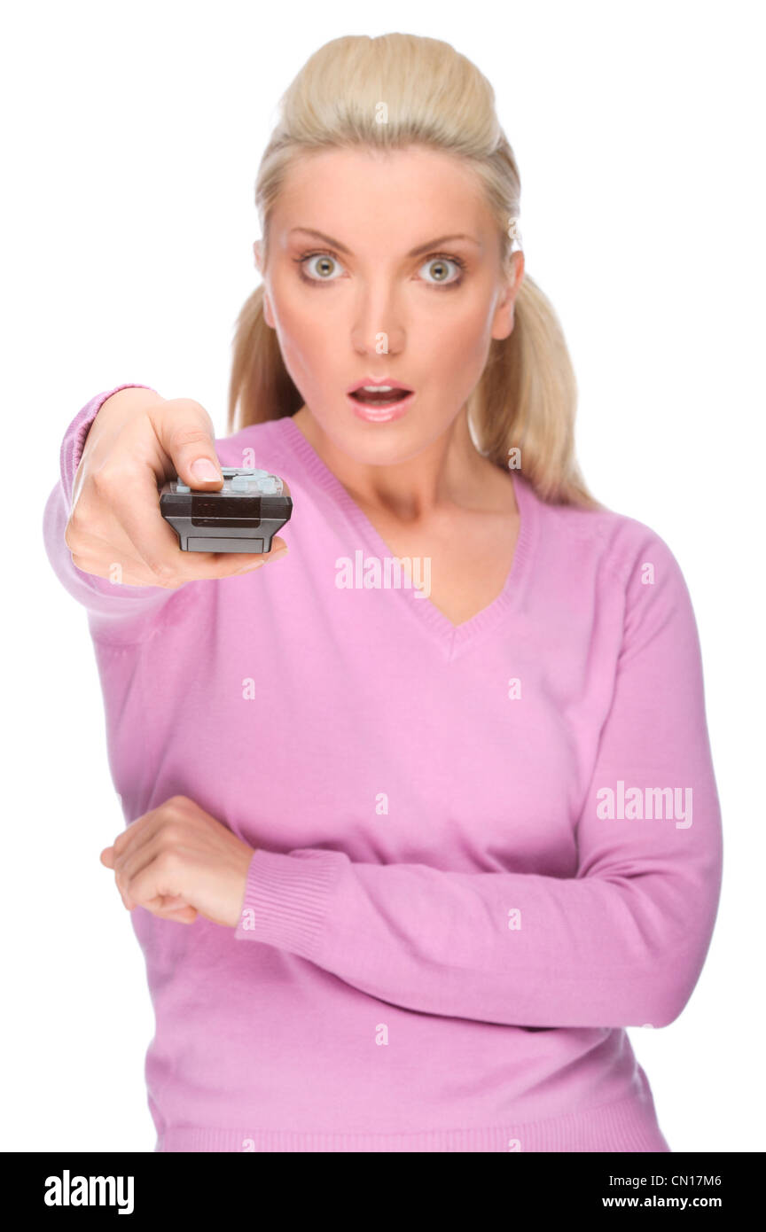 Full isolated portrait of a beautiful woman with remote control Stock ...