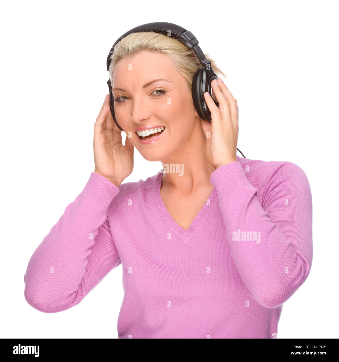 Full isolated portrait of a beautiful woman with headphone Stock Photo ...