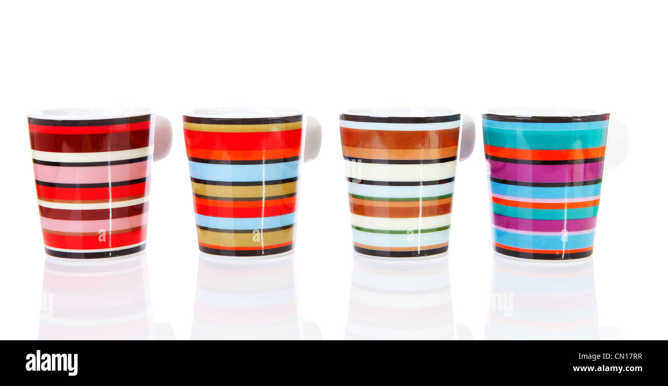 Four colorful empty coffee cups in a row over white background Stock ...