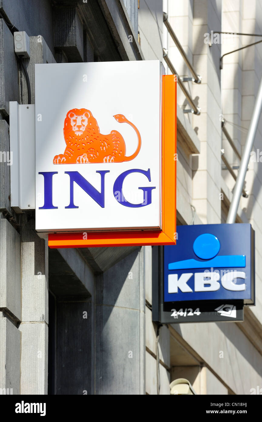 Signboards with logos of ING and KBC banks, Flanders, Belgium Stock ...