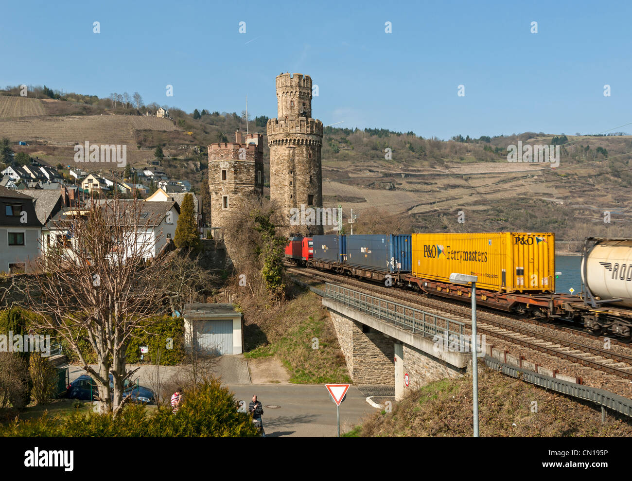 Freight train passing the medieval fortifications at Oberwesel in ...