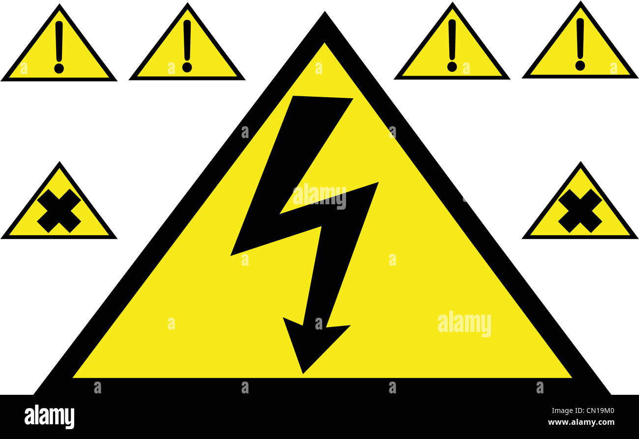 Yellow icons of danger and cross symbol Stock Photo - Alamy