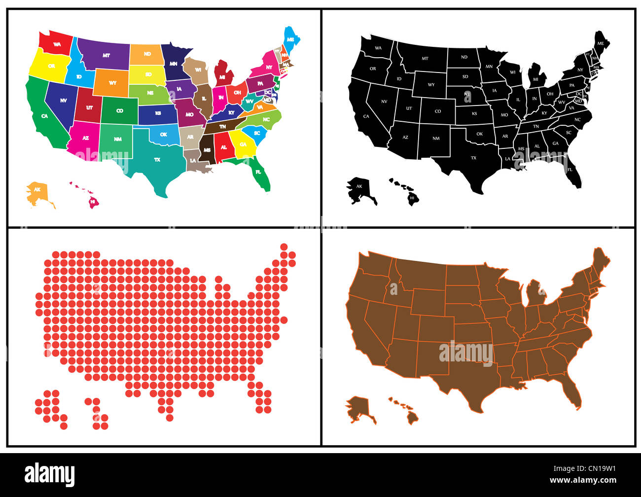 Several maps of USA in mosaic. Maps of USA has brown, black, red and ...
