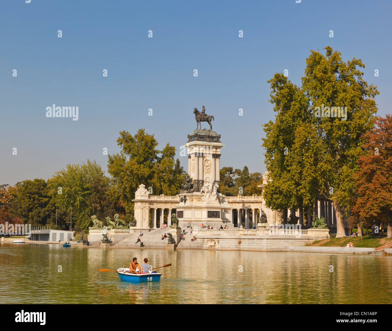 Madrid, Spain. Rowing on the estanque, or lake, in El Retiro gardens ...