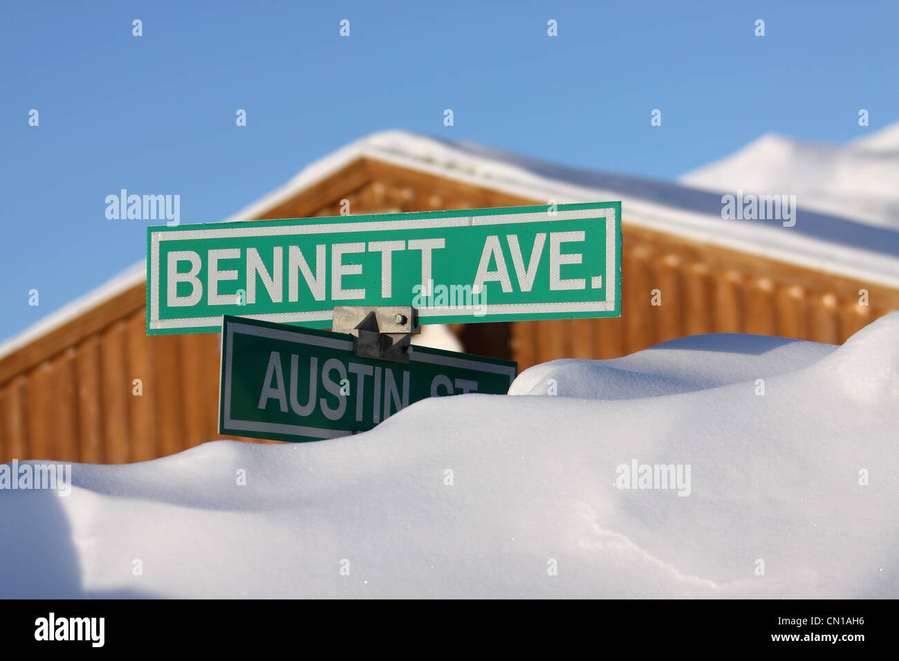 Deep snow up to street signs, Carcross, Yukon Stock Photo - Alamy