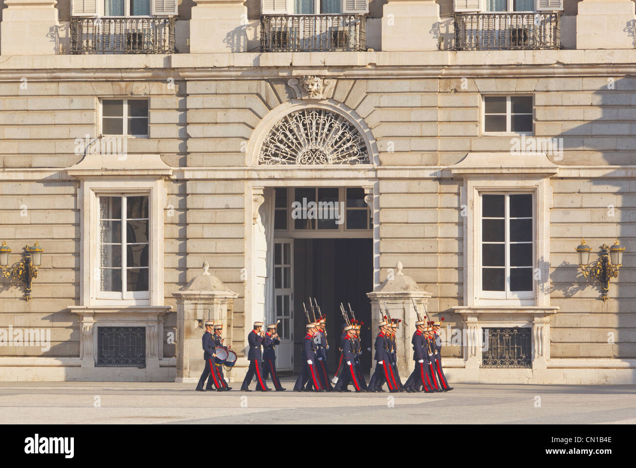 Madrid, Spain. Palacio Real. The Royal Palace, with foot soldiers of ...