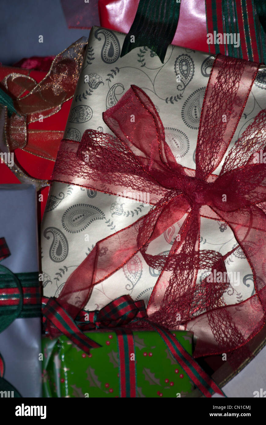 Gift Wrapped Presents with bows Stock Photo - Alamy