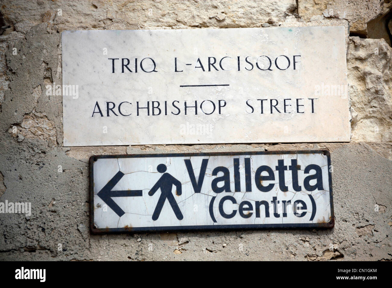Street sign for Archbishop Street and Valletta Centre in Valletta ...