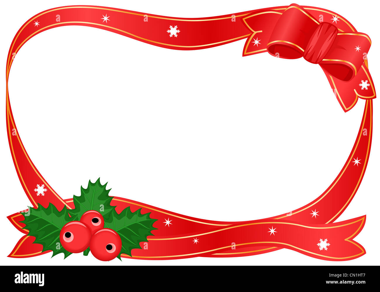 Christmas festive border with red ribbons and holy. Isolated over white ...