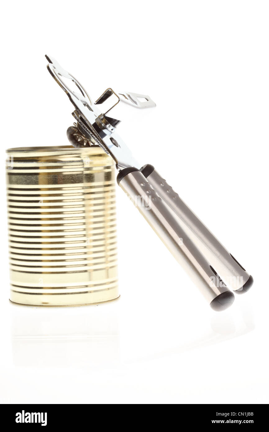 Tin opener opening a can of food isolated on white Stock Photo - Alamy
