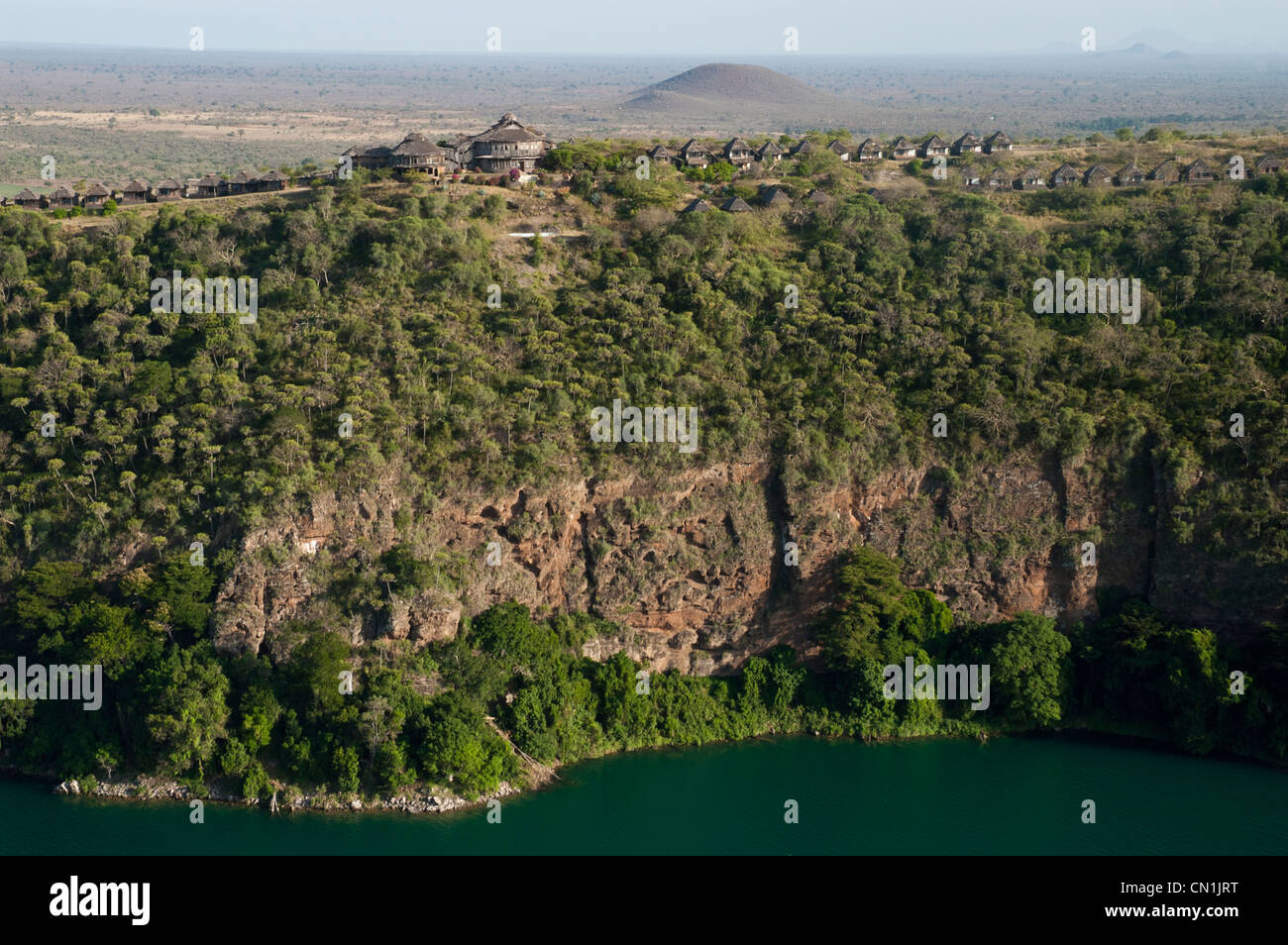 Lodge on the rim of Lake Chala, aerial view, Kenya Stock Photo - Alamy