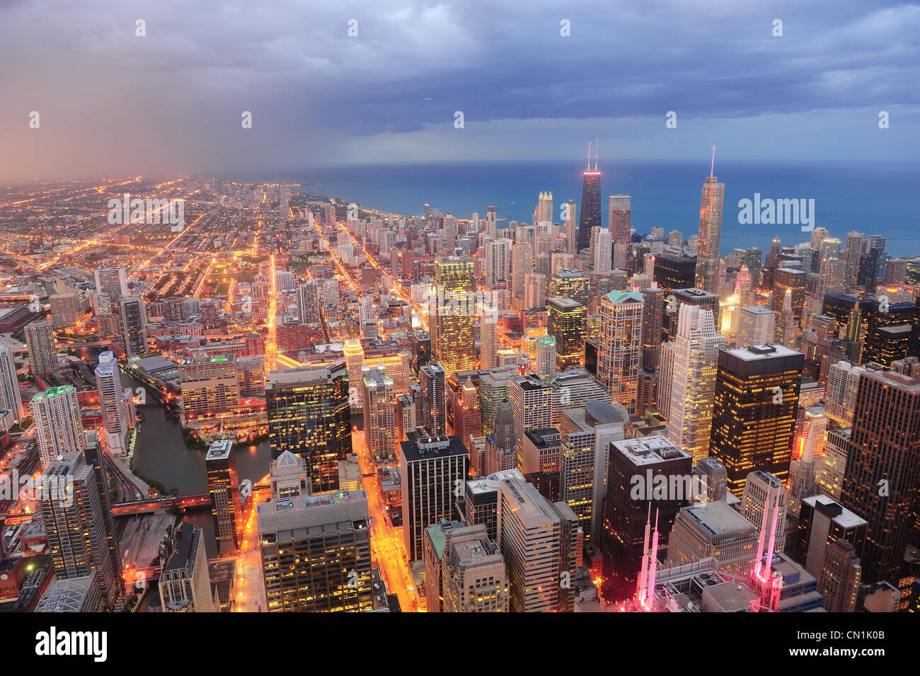 Chicago downtown aerial view at dusk with skyscrapers and city skyline ...