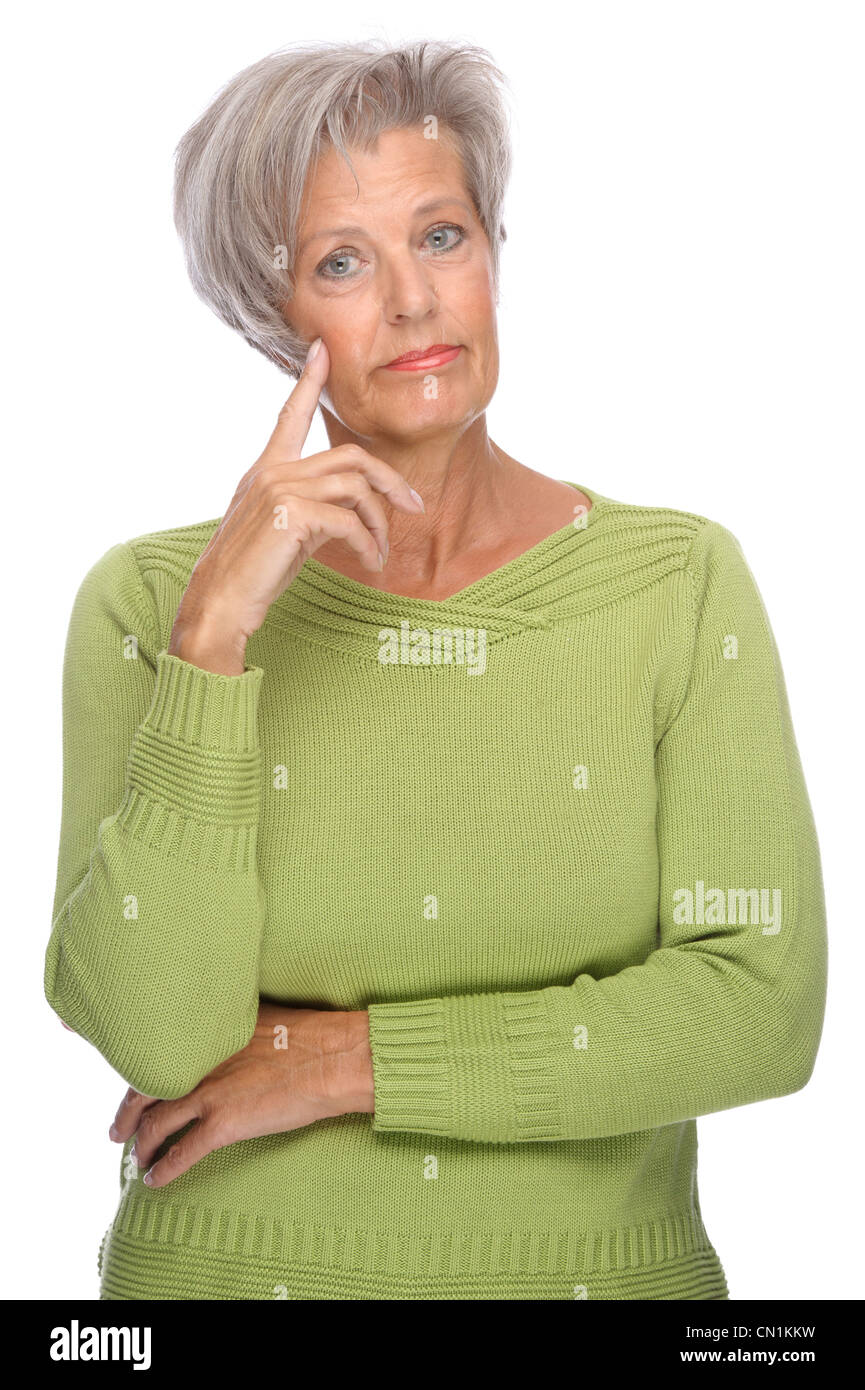 Full isolated portrait of a thinking senior woman Stock Photo - Alamy