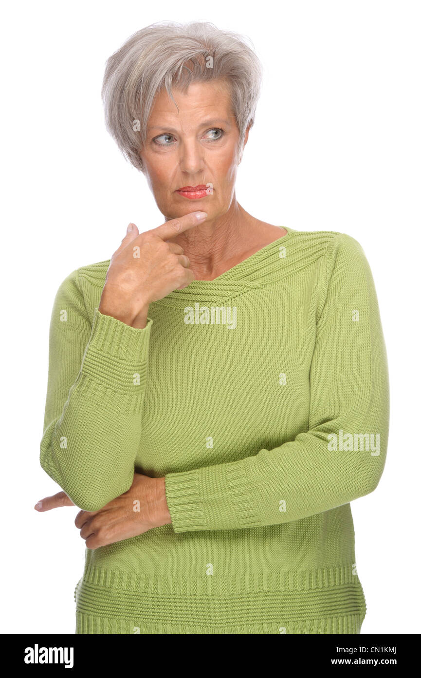 Full isolated portrait of a thinking senior woman Stock Photo - Alamy