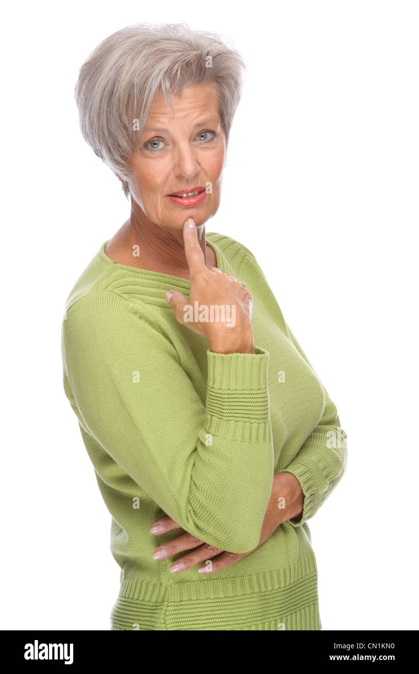 Full isolated portrait of a thinking senior woman Stock Photo - Alamy