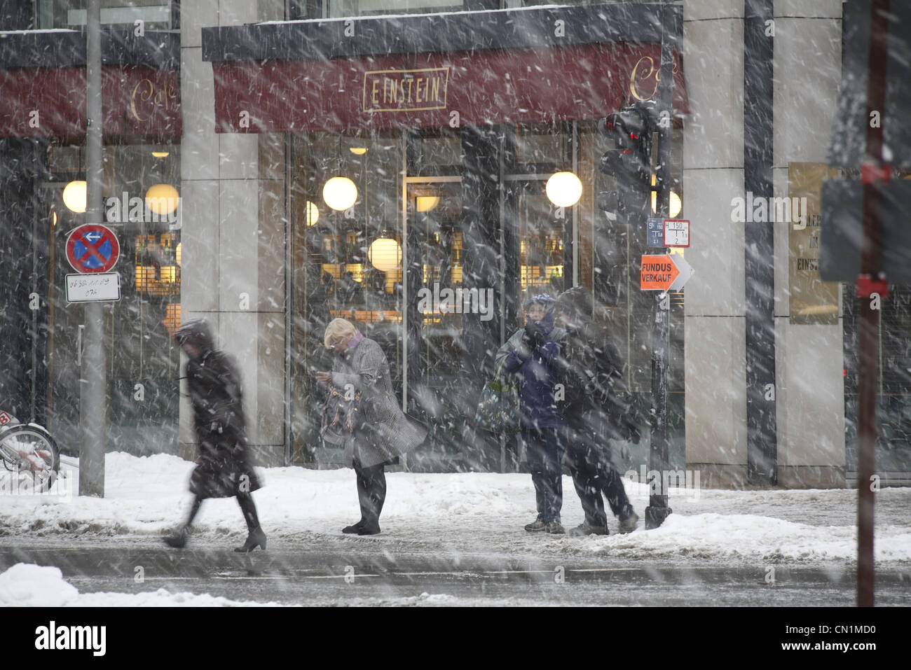 Berlin Unter den Linden Winter Snow drift of snow Cafe Einstein Stock ...