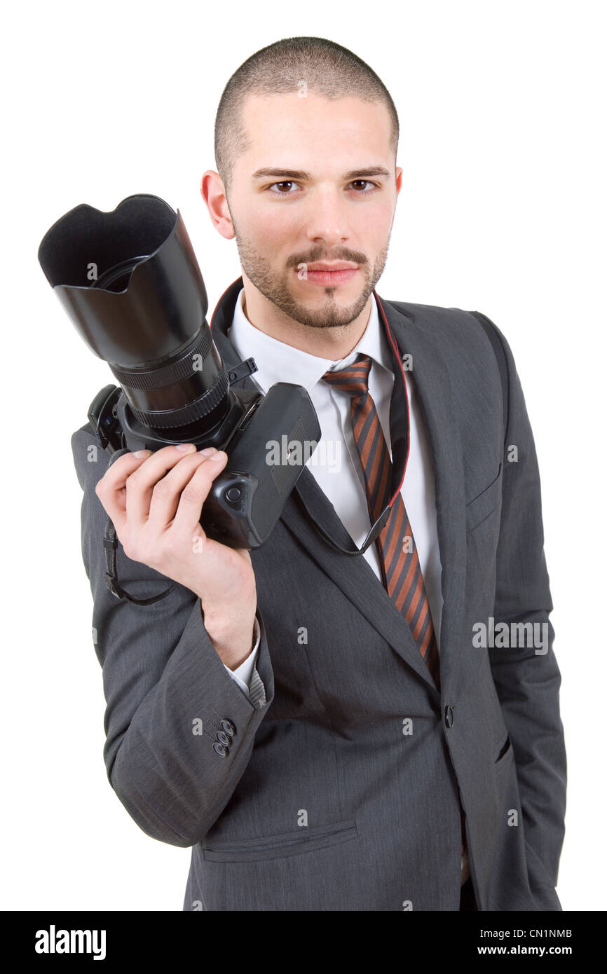 young happy photographer with his camera, isolated Stock Photo - Alamy