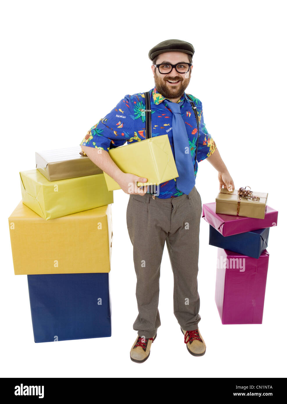 happy silly salesman with some boxes, isolated on white Stock Photo - Alamy