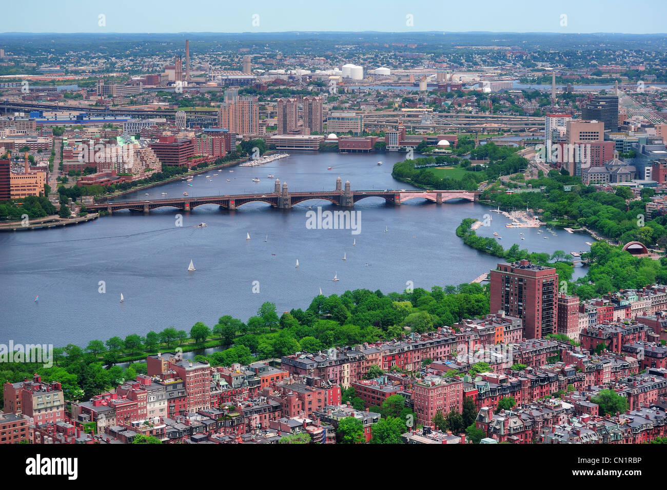 Boston Charles River aerial view with buildings and bridge Stock Photo ...