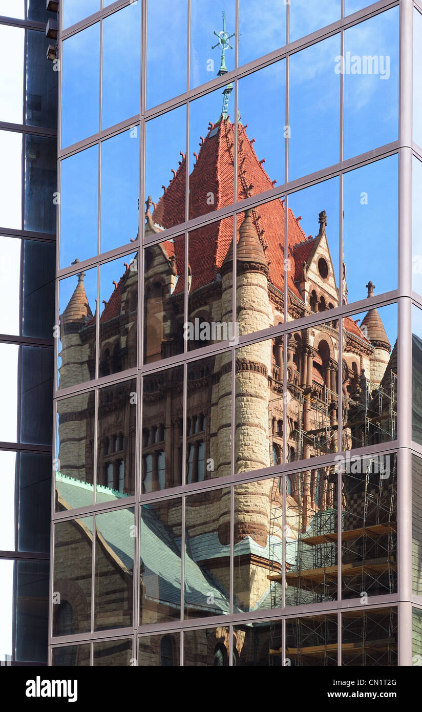 Trinity Church reflection on Hancock Building in Boston street Stock ...
