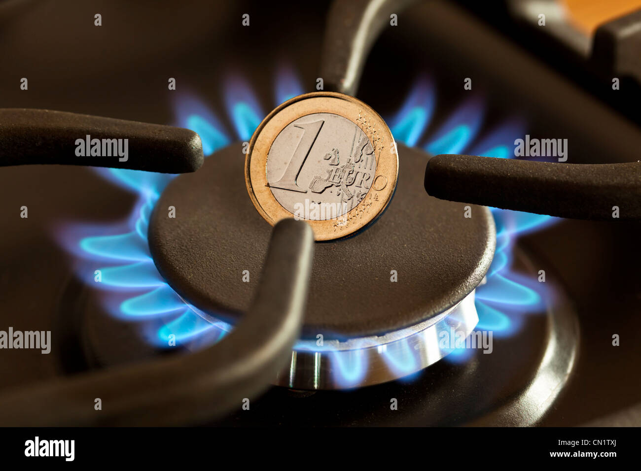 1 Euro coin on a gas cooker. Symbol for energy costs, gas prices ...