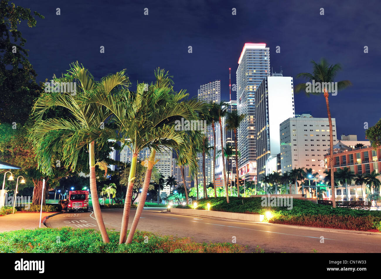 Miami downtown street view at night with hotels Stock Photo - Alamy