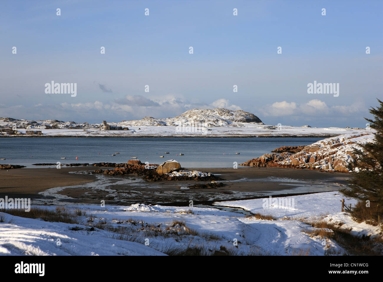 The Isle of Iona covered in snow taken from Fionnphort on the Isle of ...