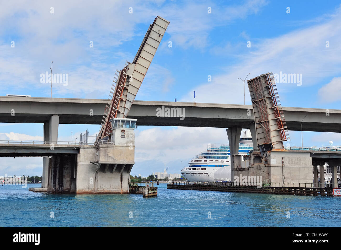 Bridge lifted preparing for boat to pass in Miami Harbor Stock Photo ...