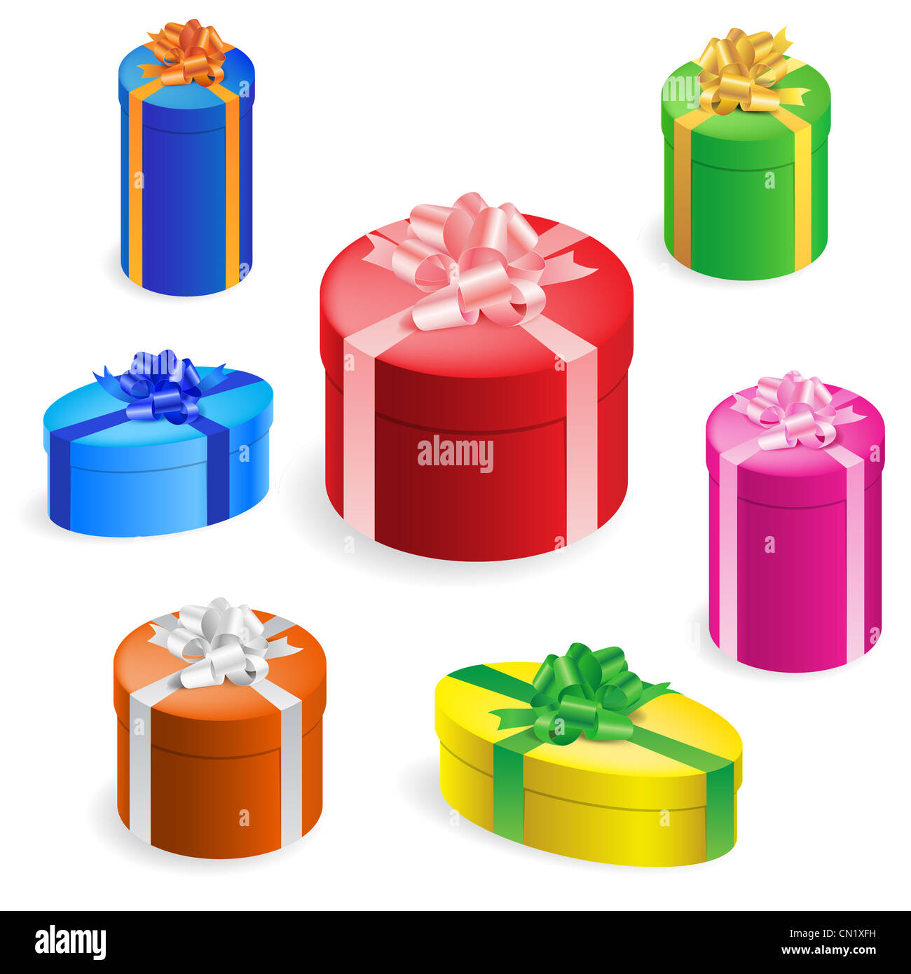 illustration of 7 different round gift boxes with ribbon Stock Photo ...