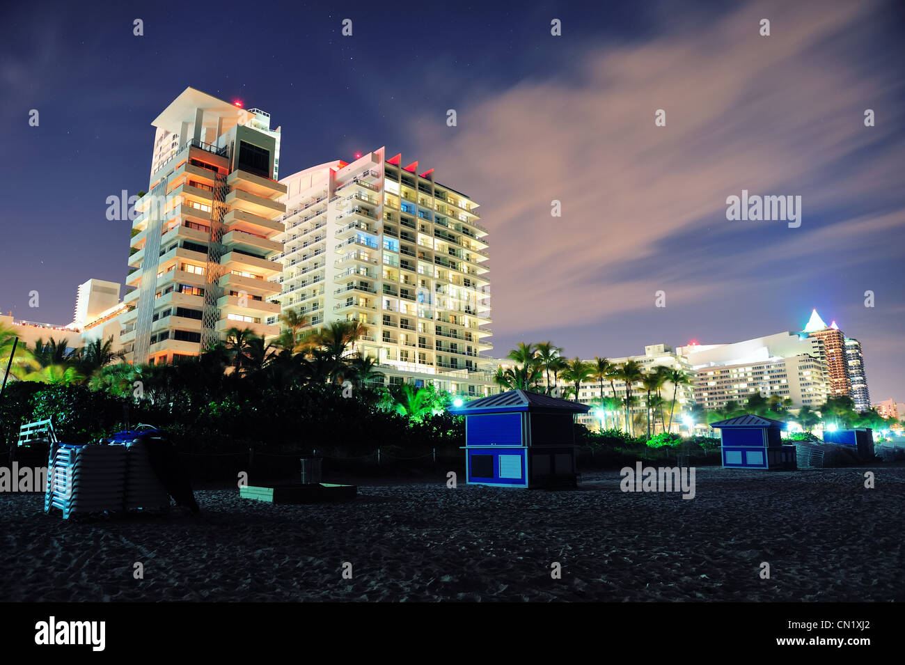 Miami south beach at night with hotel buildings Stock Photo - Alamy
