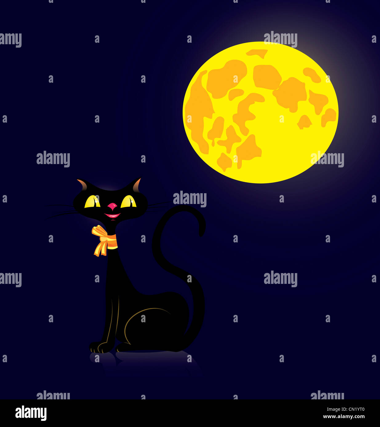 Vector illustration of a black cat in the night Stock Photo - Alamy