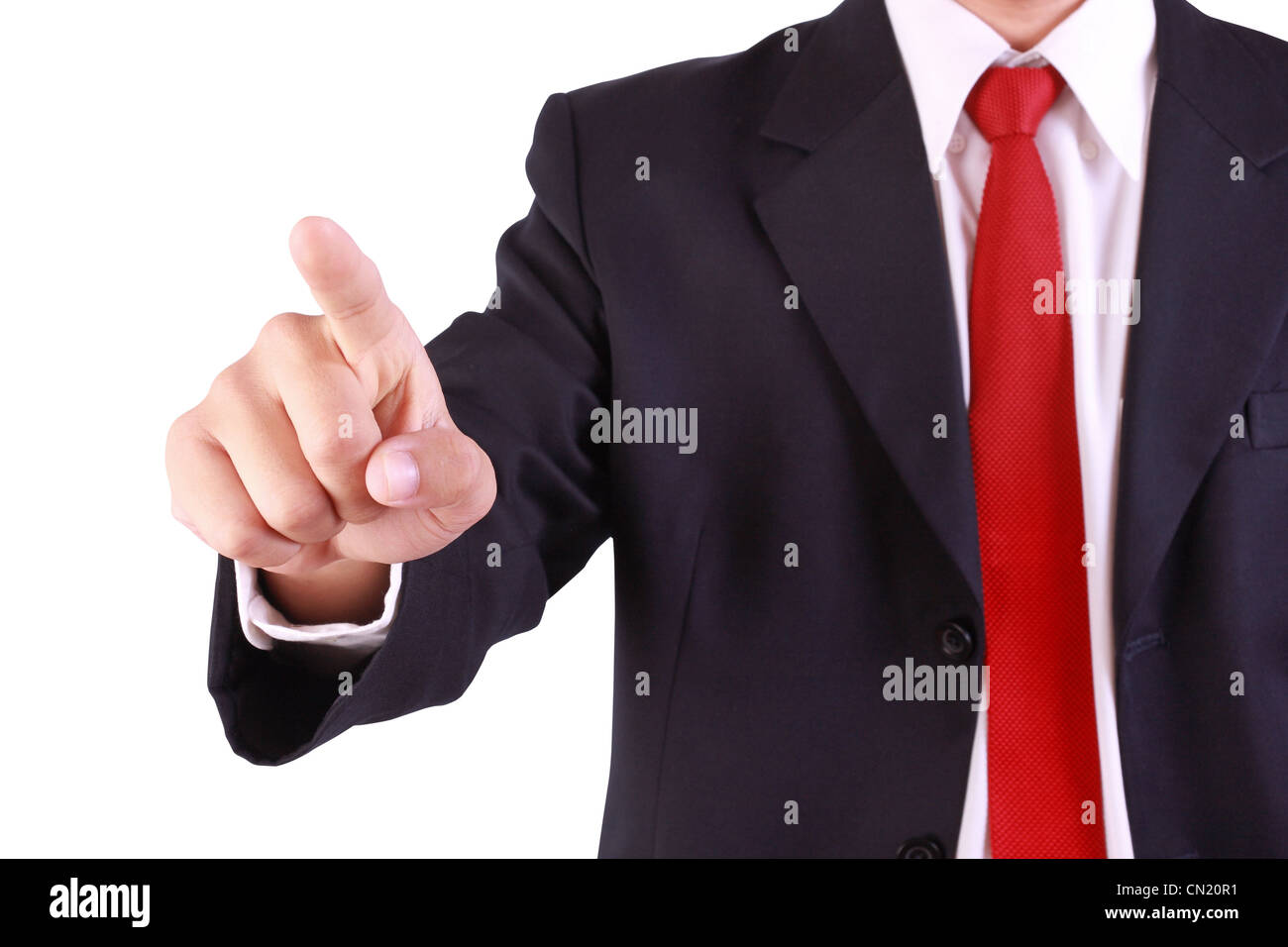 Business man point finger in front of him isolated on white background ...