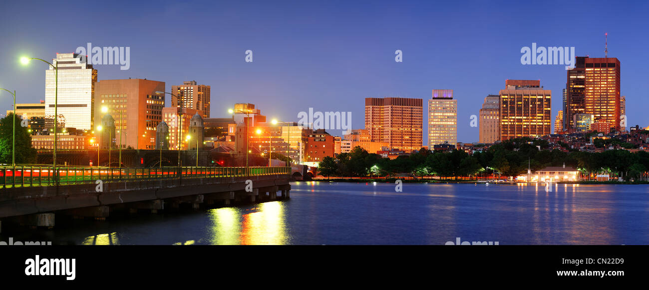 Boston city Charles River with highway bridge at dusk with urban ...