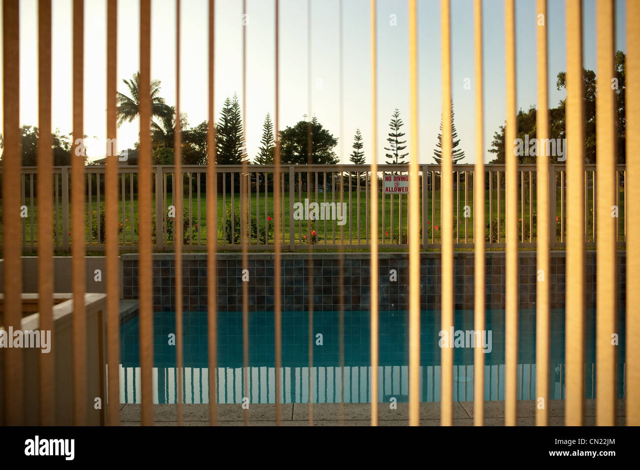 View of swimming pool through window blinds Stock Photo - Alamy