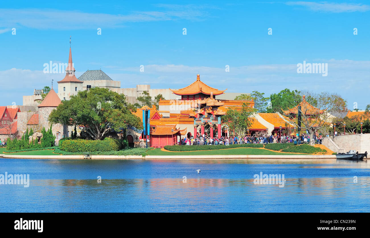 Disney Epcot park view over lake with foreign architecture Stock Photo ...