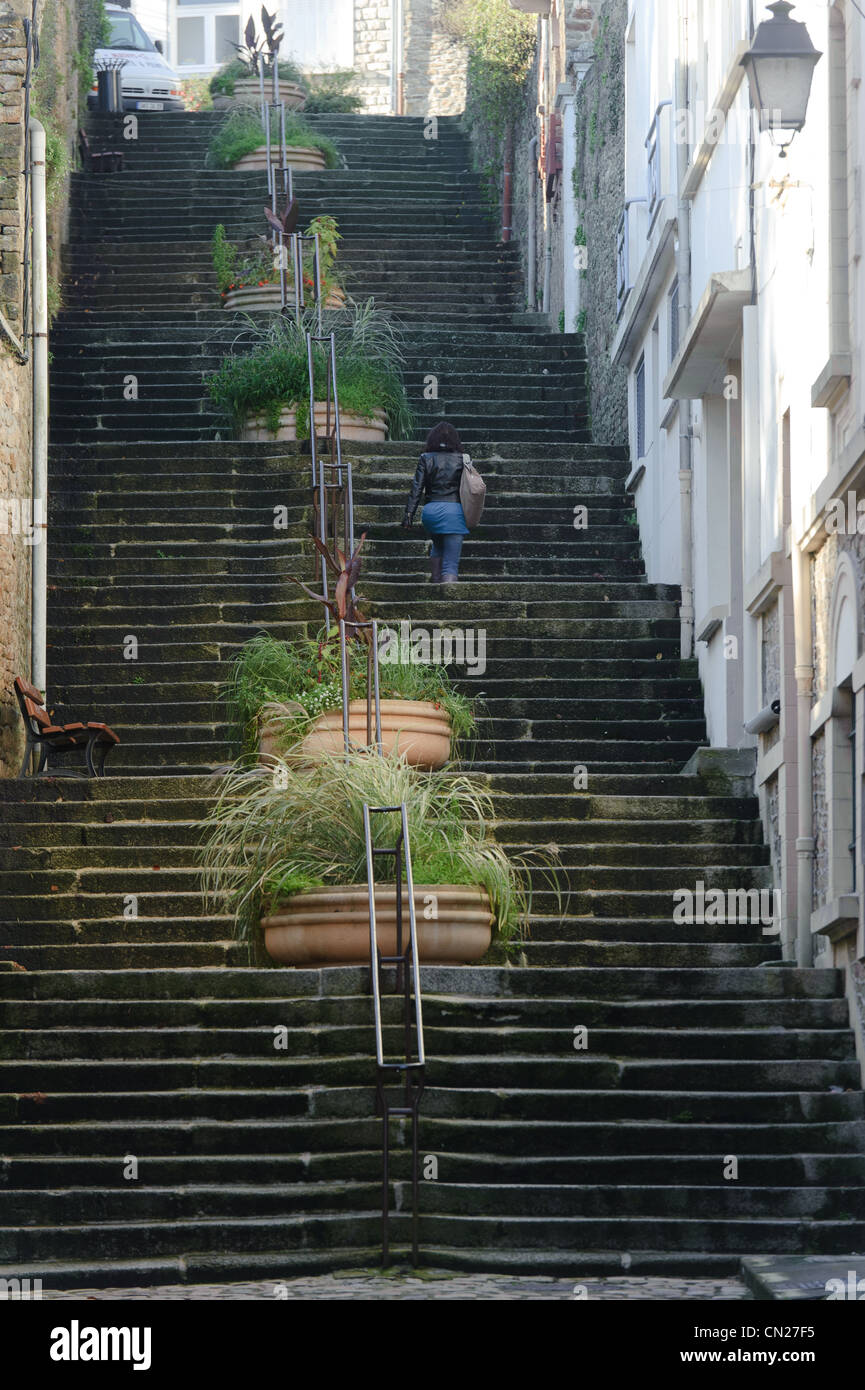 France, Finistere, Quimperle, the stairs in rue Madame Moreau Stock ...