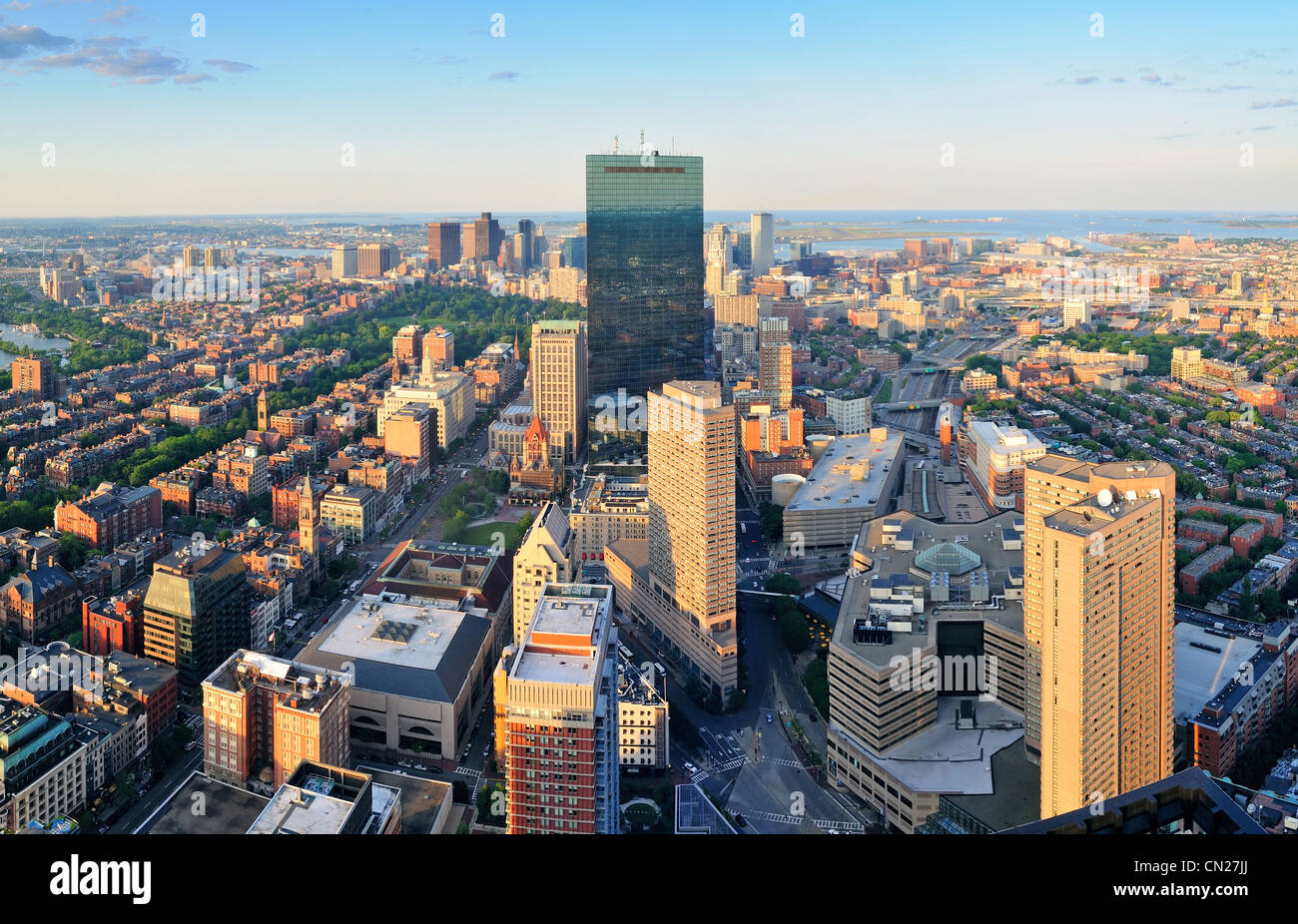Urban city aerial view. Boston aerial view with skyscrapers at sunset ...