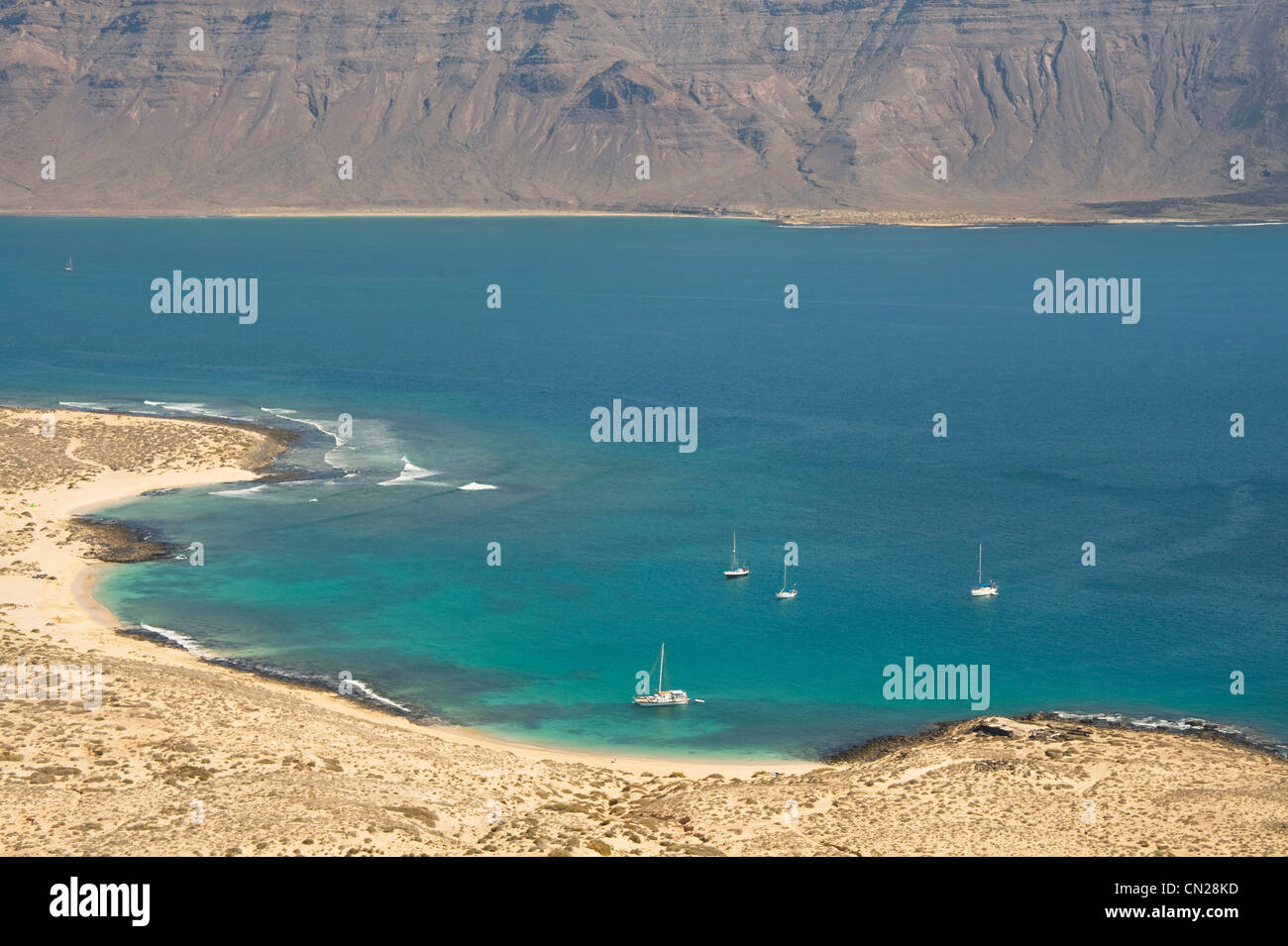 La Graciosa island, looking down on yachts anchored in the idyllic bay ...