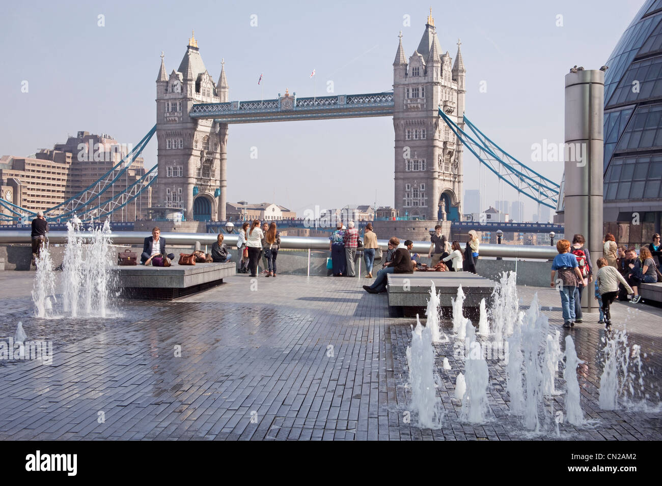 London, Queen Elizabeth Walk Fountains near City Hall March 2012 Stock ...