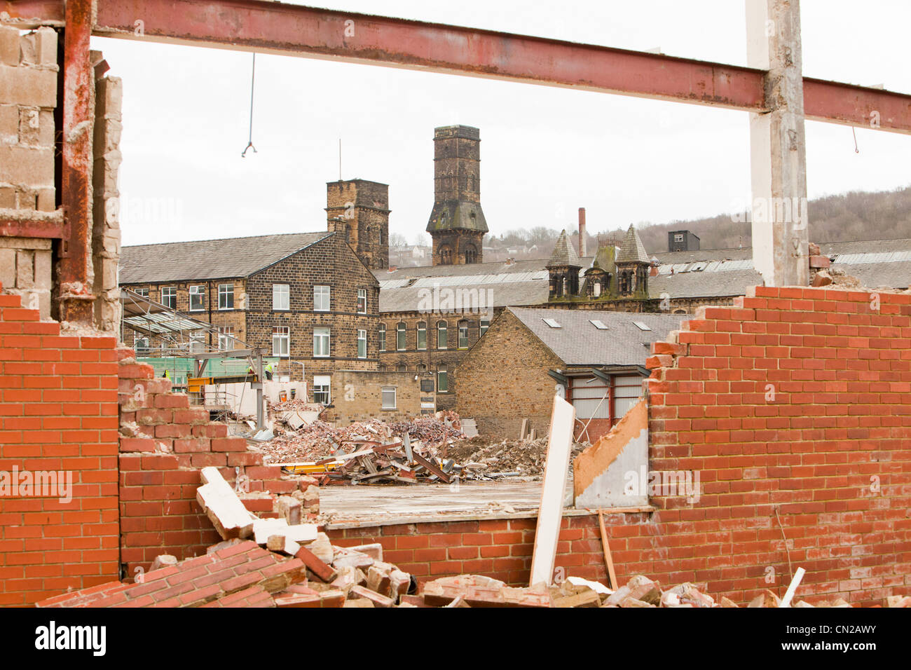 Demolition of an old mill building taking place in Keighley, West ...