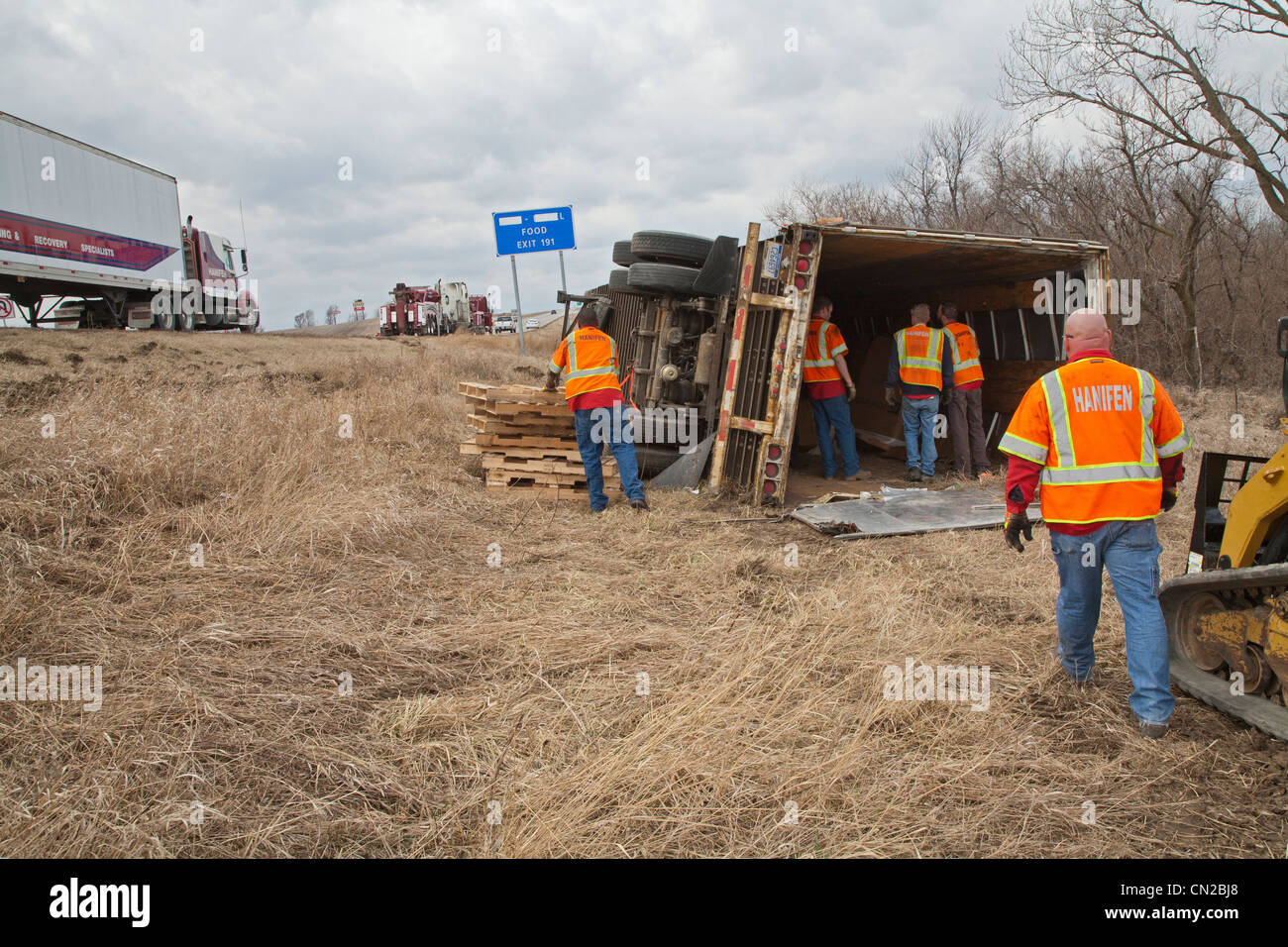 Malcolm, Iowa - Salvage workers clean up a truck wreck along Interstate ...