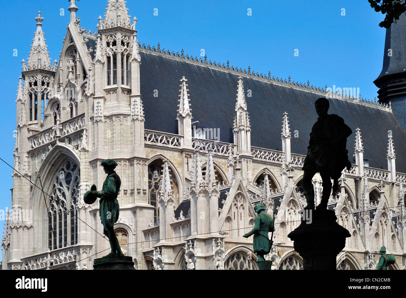 Belgium, Brussels, Petit Sablon Square, Statues background Church of ...