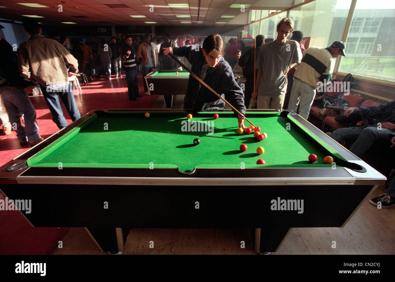 Students play pool with sunlight coming through the window of the ...