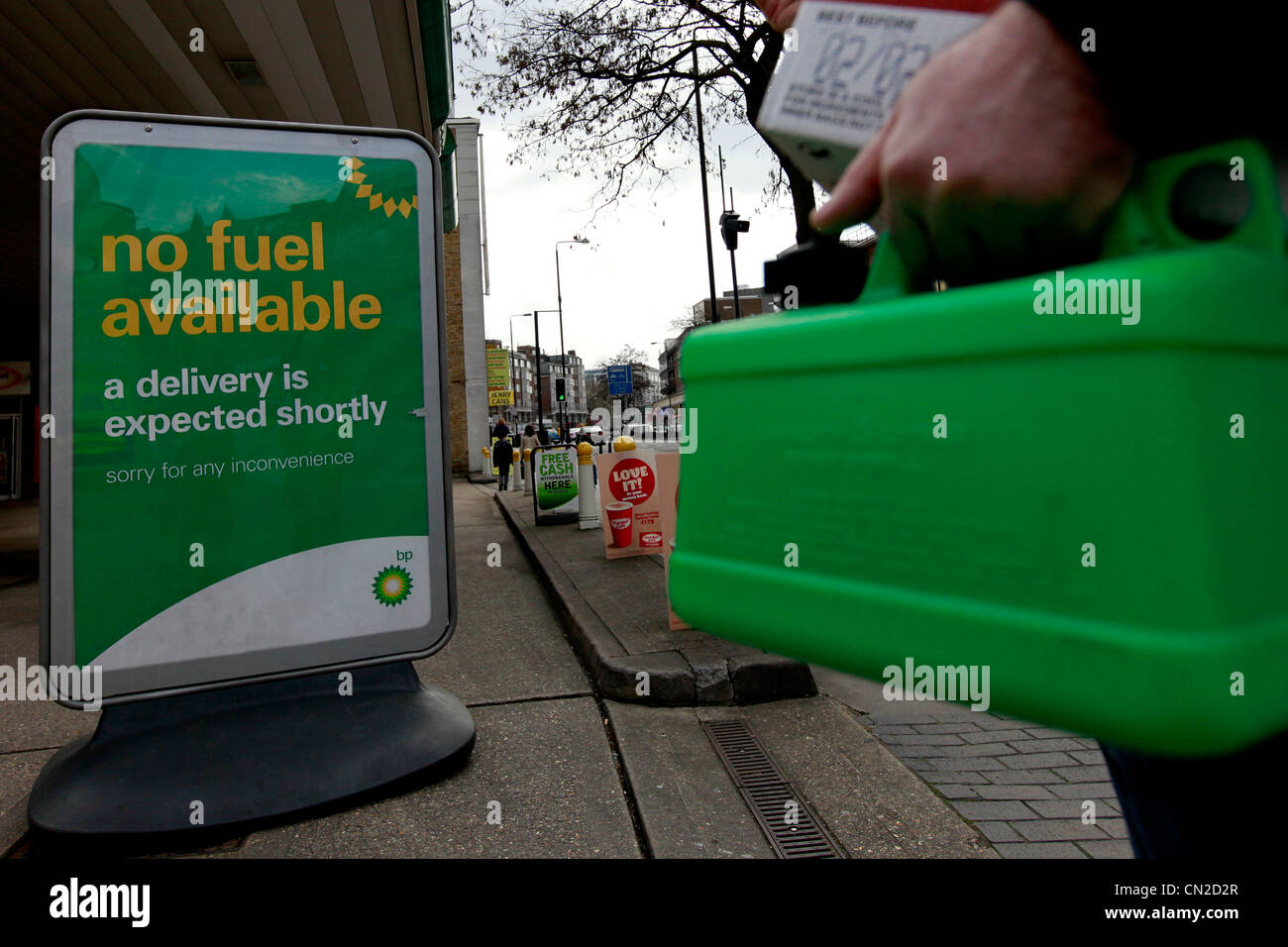 A BP fuel pump is sold out of unleaded and diesel at a garage in North ...