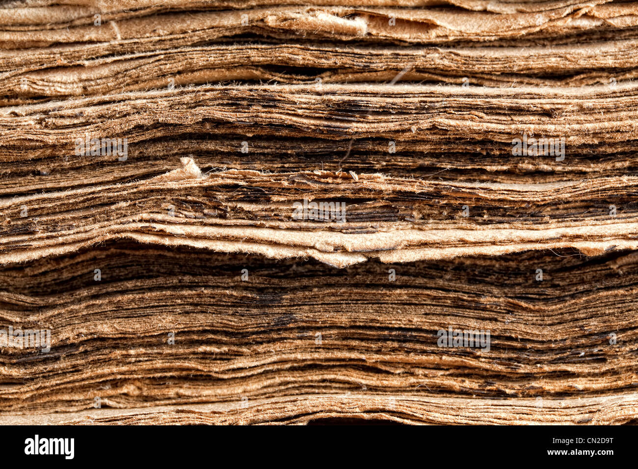 Extreme closeup on the tattered pages of a 300 years old ancient book ...
