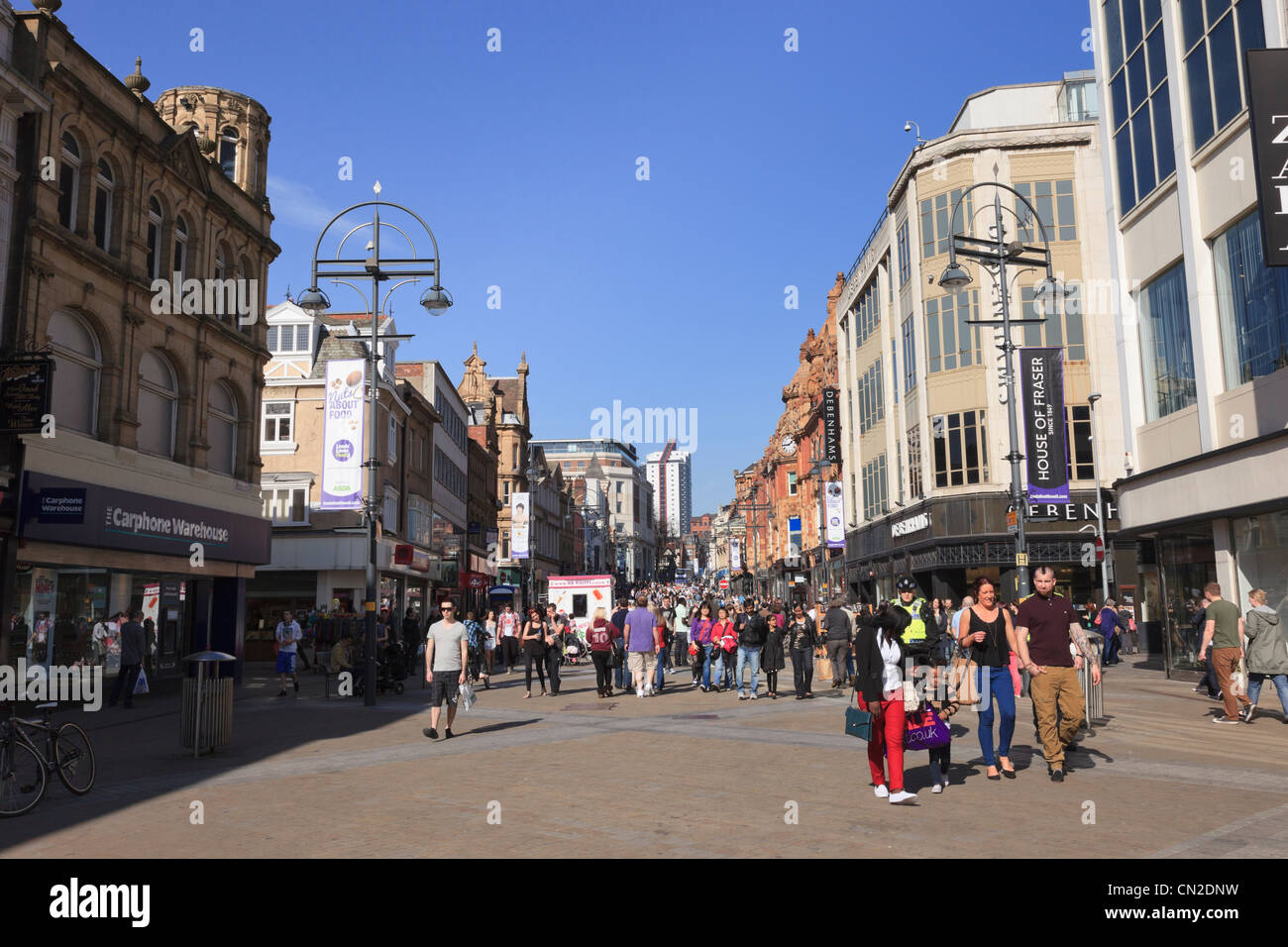 Briggate, Leeds, West Yorkshire, England, UK. Busy high street scene ...