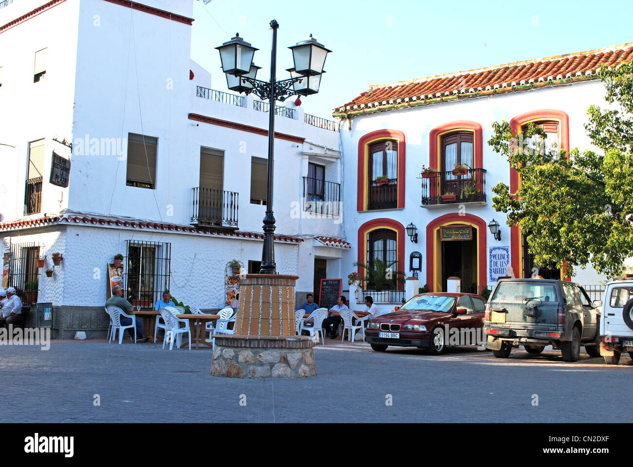 Pavement cafe in the town square, Comares, Axarquia region, Malaga ...